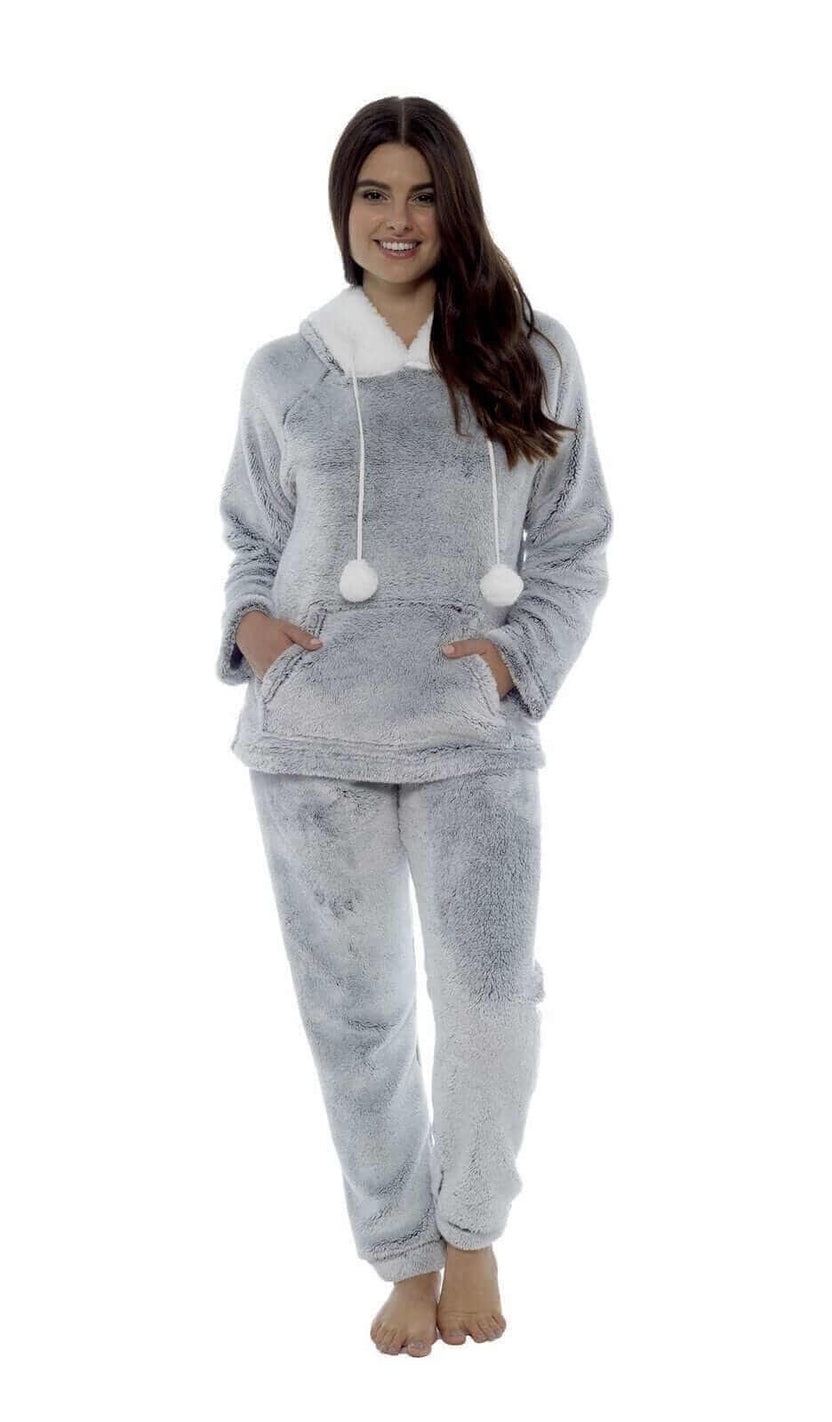 Women's Plush Fleece Hooded Pyjama Set Shimmer Grey Super Soft Fabric ...